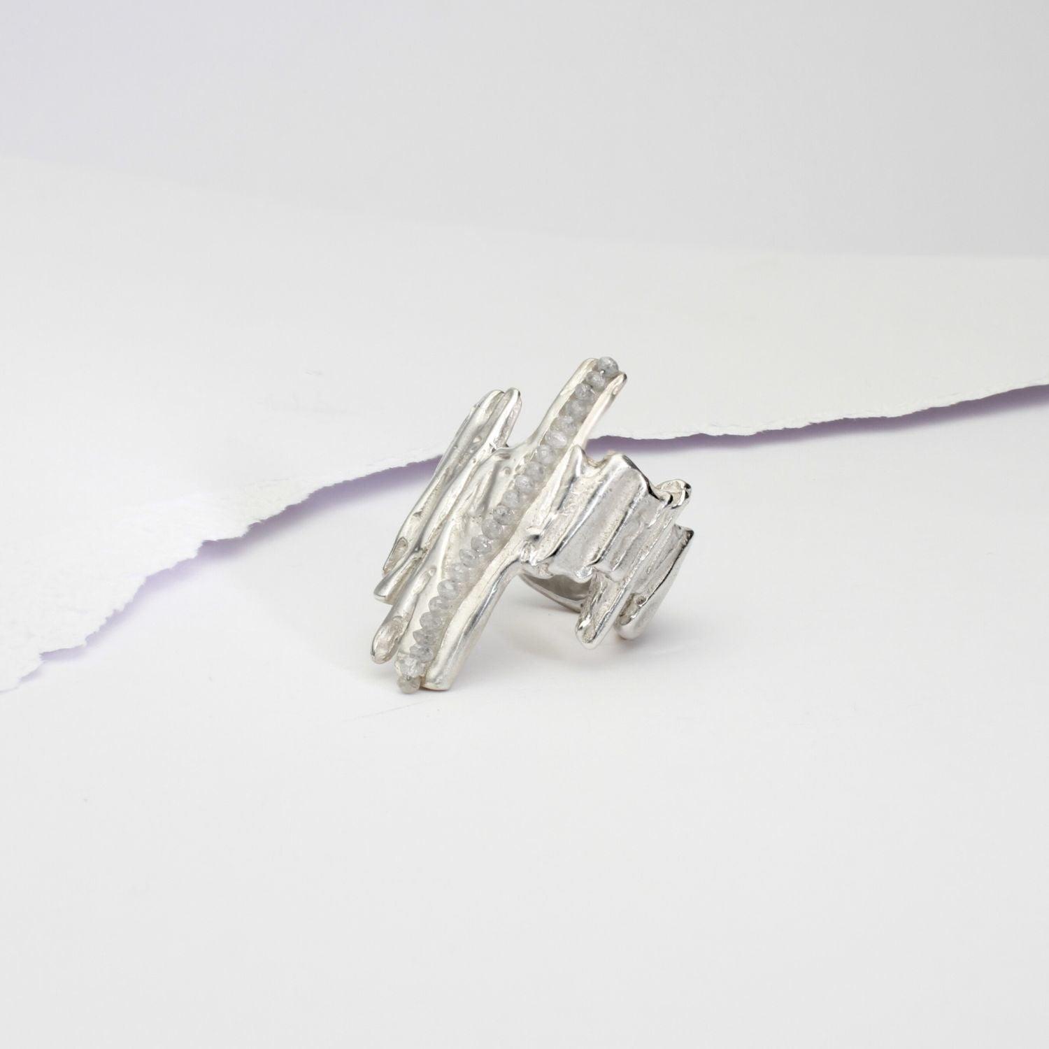 Bespoke Carved Ring in Silver and Diamonds – Mari Thomas Jewellery